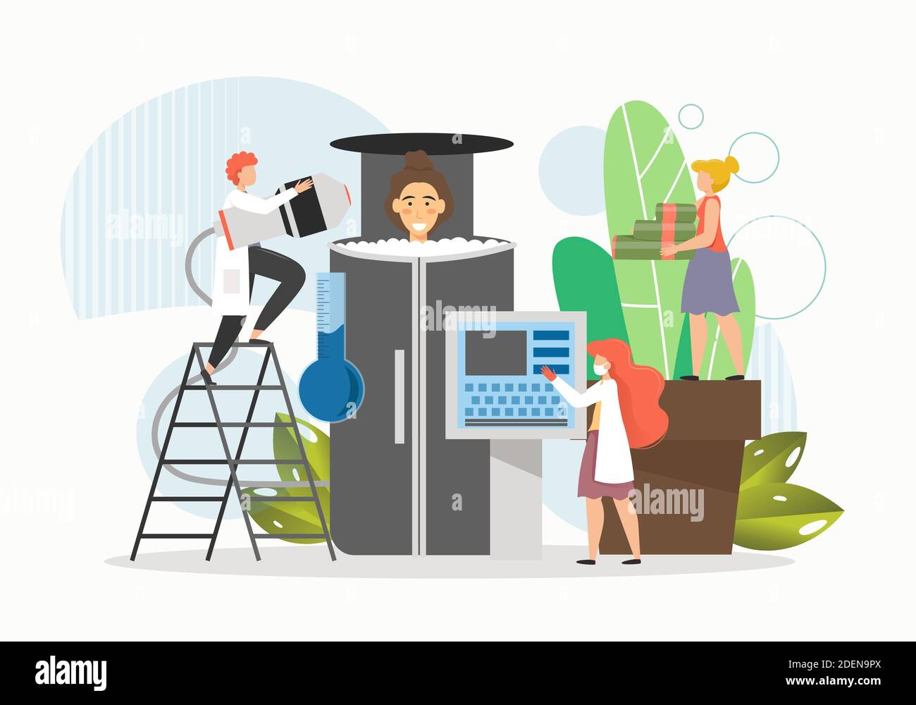 Happy woman visiting cryosauna, flat vector illustration. Whole body ...