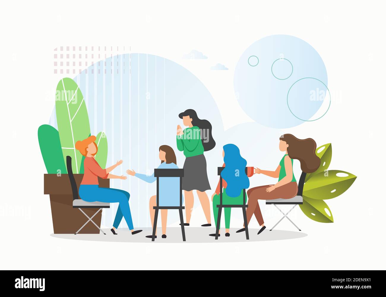 Female patients having problems sitting in circle and talking, flat ...