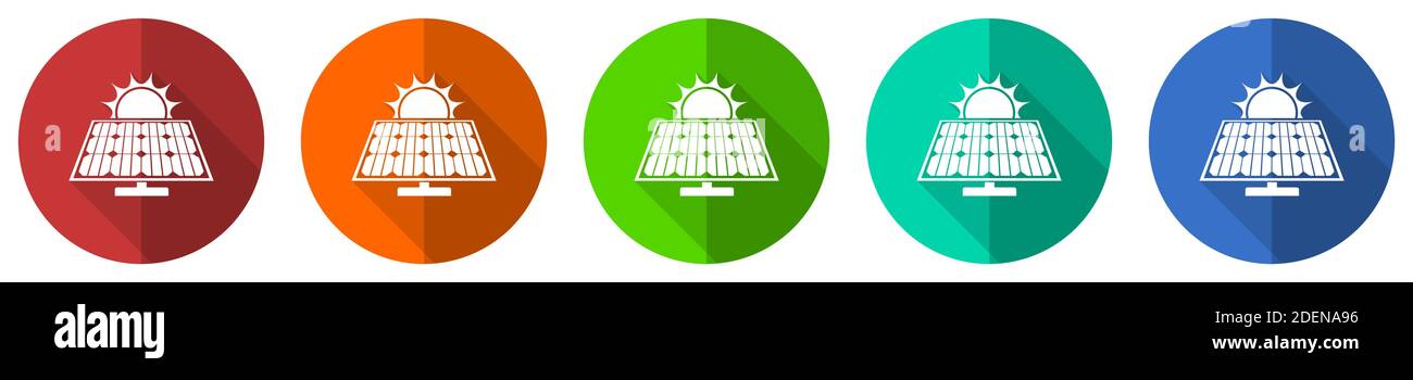 Sun over solar panel vector icon set, red, blue, green and orange flat ...