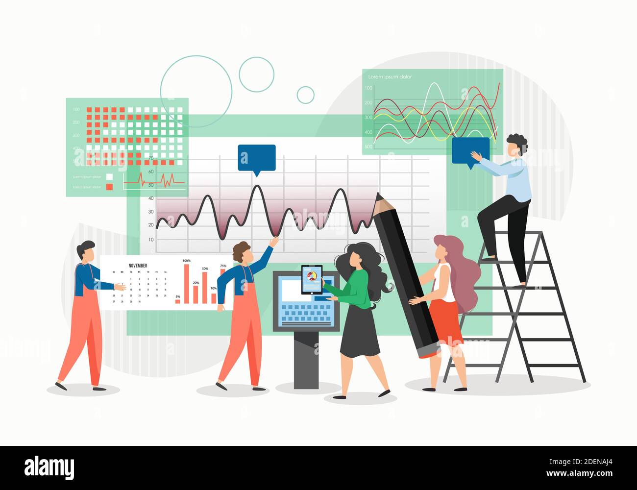 Office People Analysts Building Dashboard Analyzing Statistics And Charts Flat Vector
