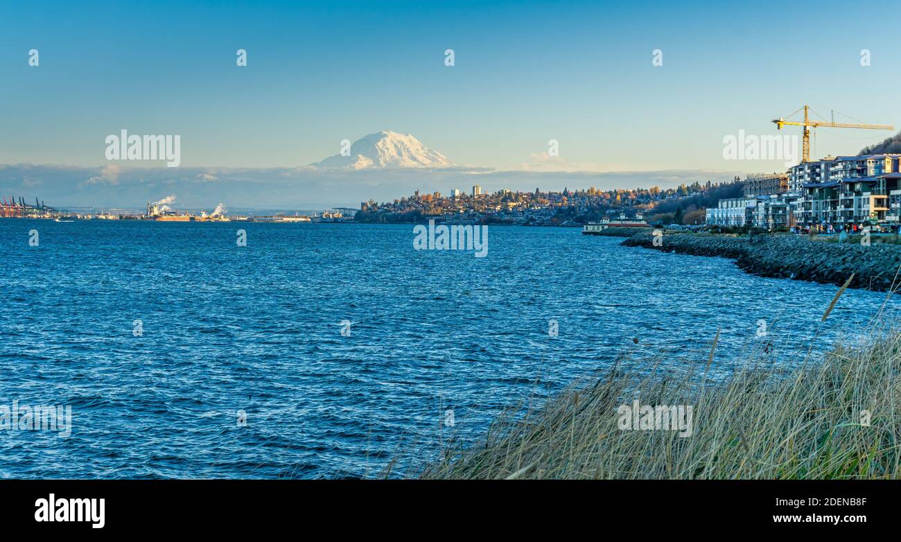 A view of the Port of Tacoma and Mount Rainier from Ruston, Washington ...