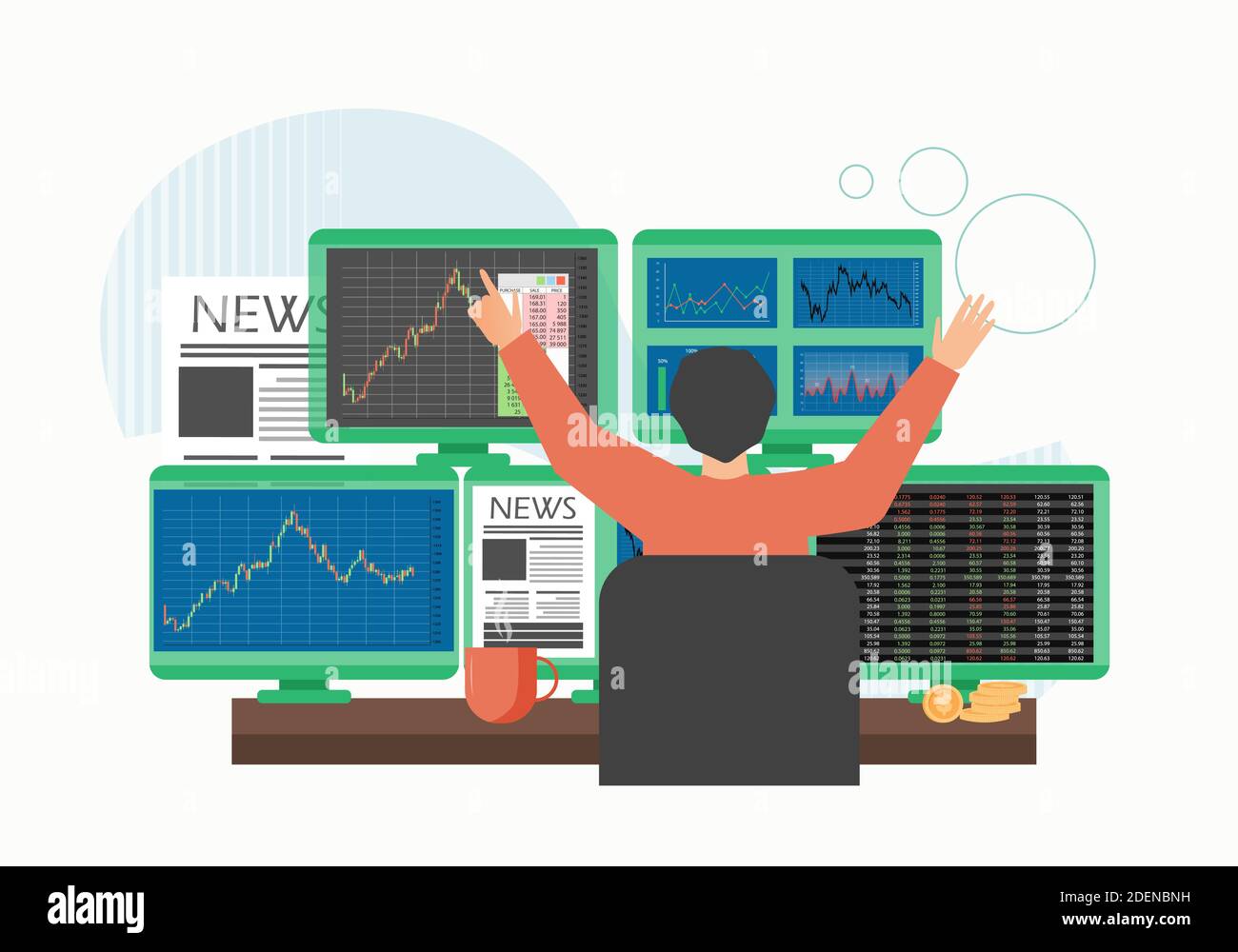 Trader looking at computer monitors sitting at trader desk with raised hands, flat vector ...