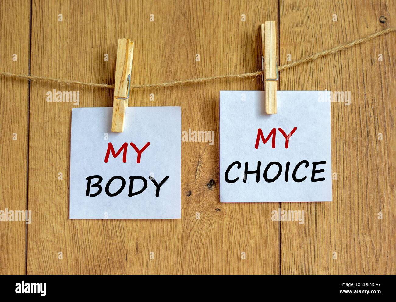 My body - my choice symbol. Wooden clothespins with white sheets of ...