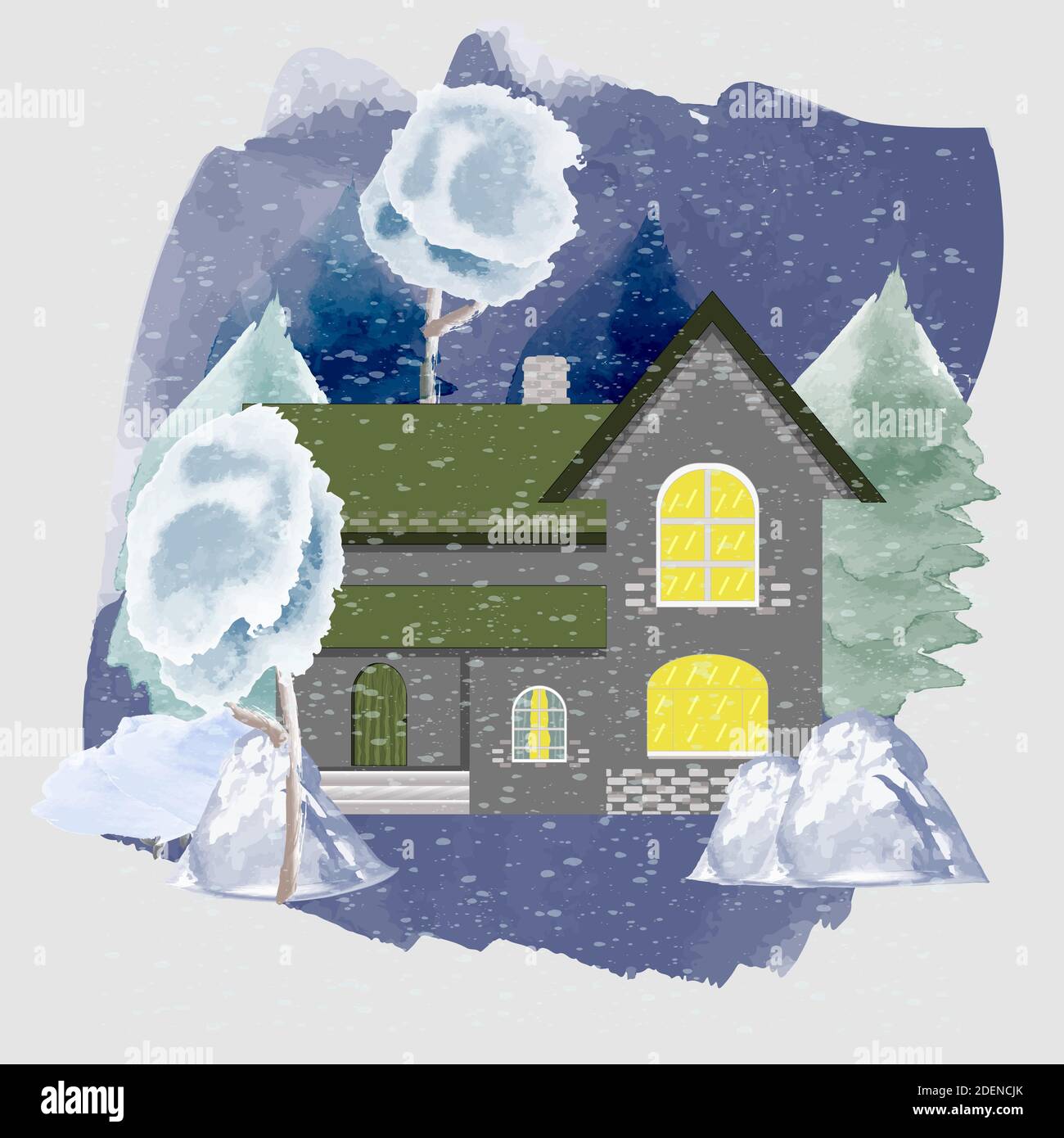 Winter night. Christmas evening. Hand drawn watercolor house and trees ...