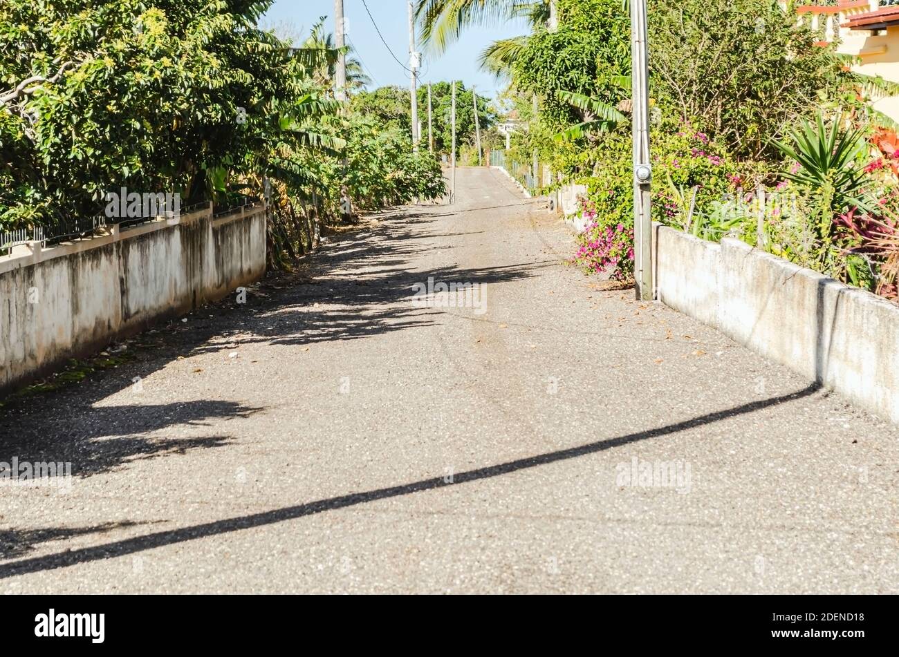 Outdoor, on the street during the mid-day sunlight shadows are cast ...