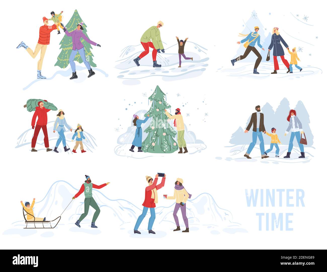 Flat cartoon characters happy holidays vector illustration concept ...
