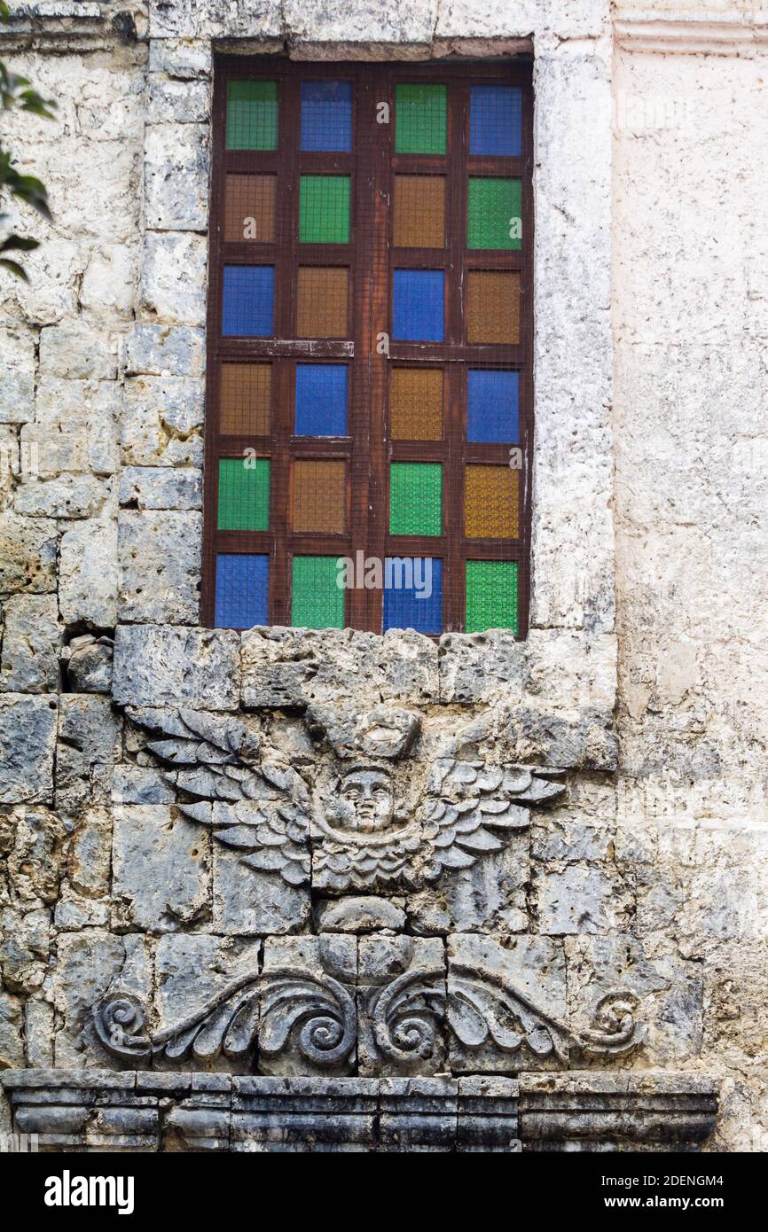 Window and bas relief of Loboc Church in Bohol, Philippines Stock Photo ...
