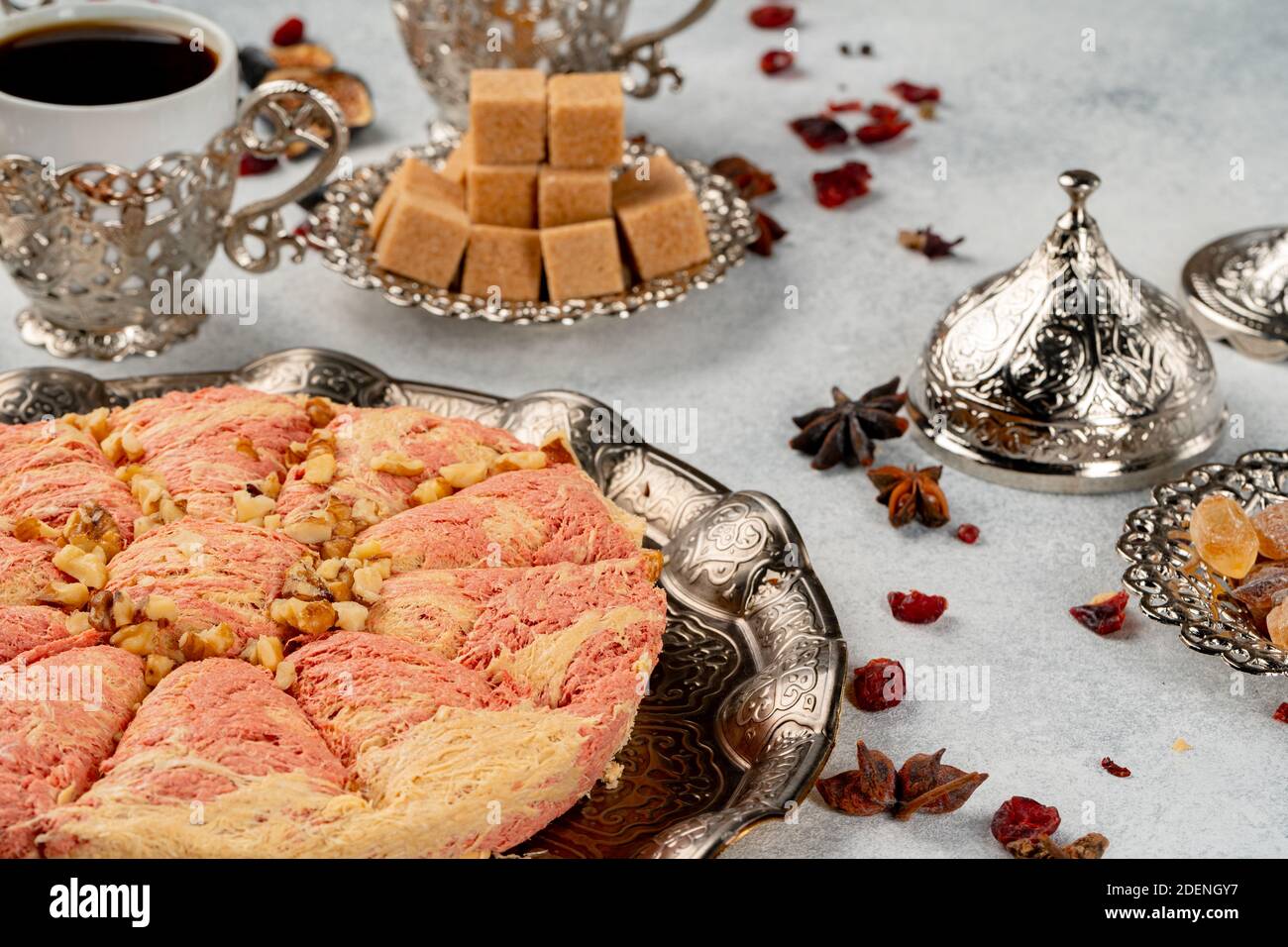 Close up photo of halva dessert on silver plate Stock Photo - Alamy