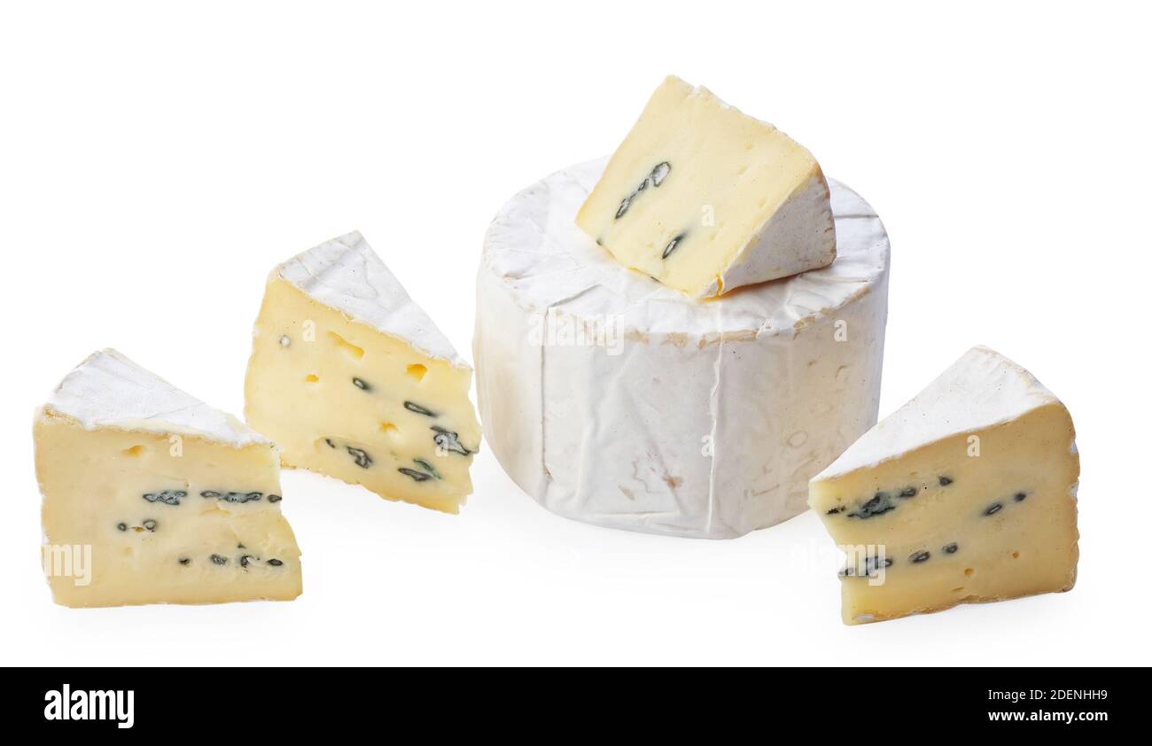 Camembert moldy cheese isolated on white background. Mixture of ...