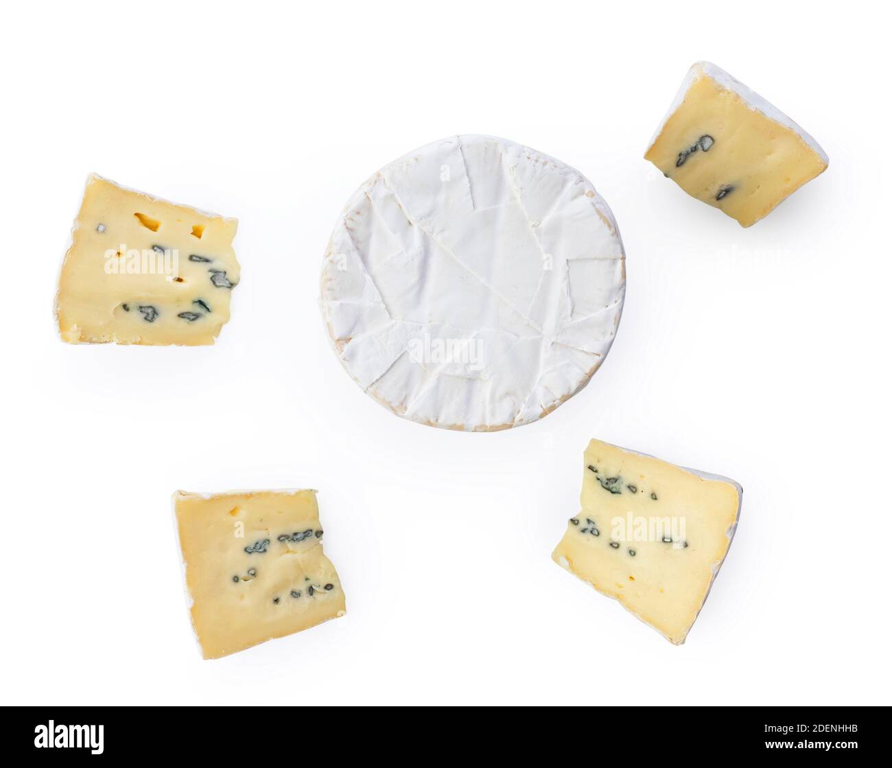Camembert moldy cheese isolated on white background. Mixture of ...