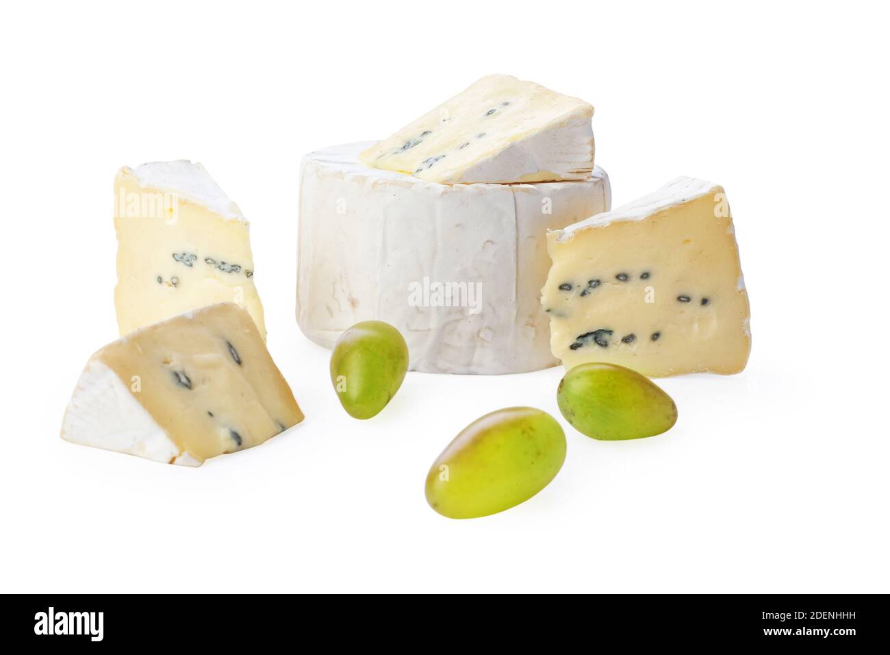 Camembert moldy cheese isolated on white background. Mixture of ...
