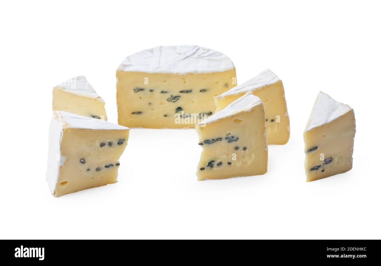Camembert moldy cheese isolated on white background. Mixture of ...