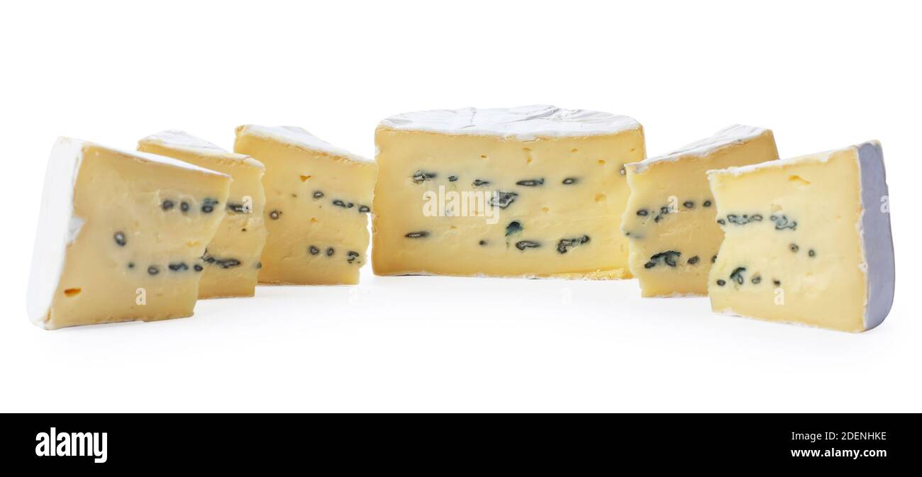Camembert moldy cheese isolated on white background. Mixture of ...