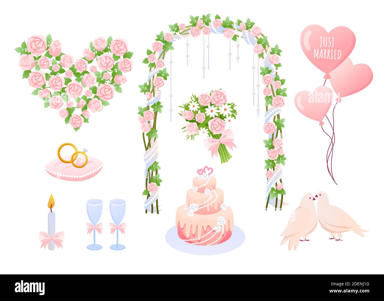 Wedding elements vector illustration. Cartoon pink wedding decoration ...