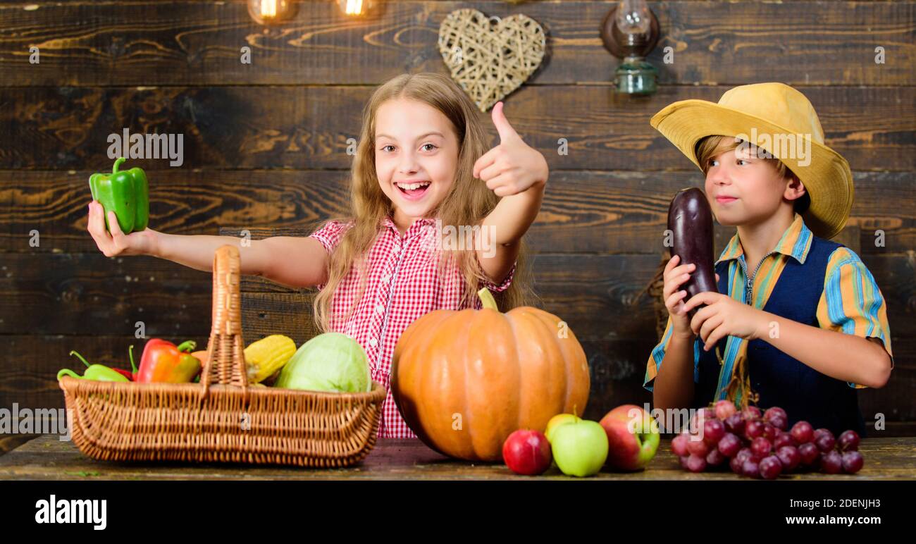 Children presenting farm harvest wooden background. Siblings having fun ...