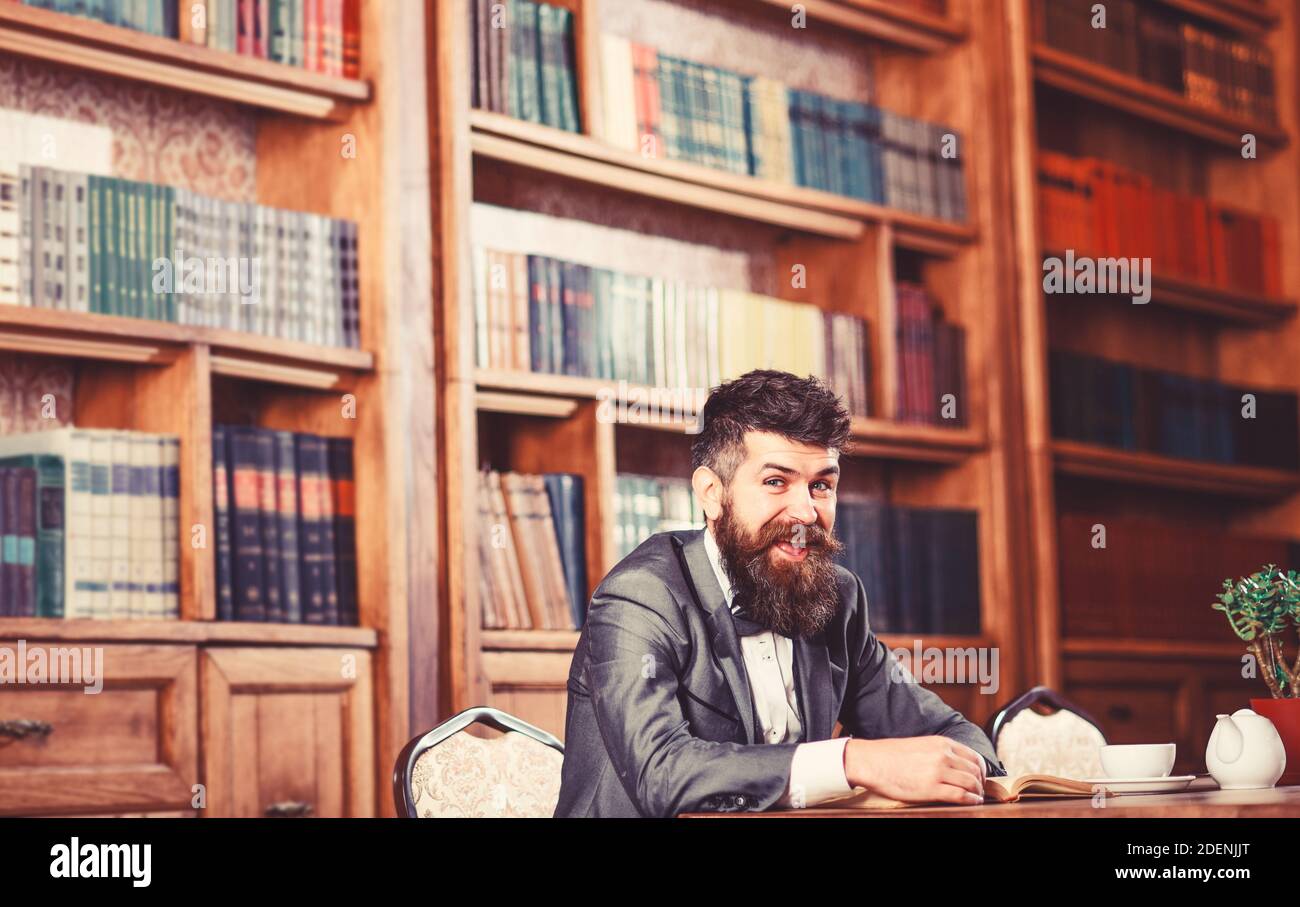 Laugh and positive emotions concept. Laugh, funny book, happy man ...