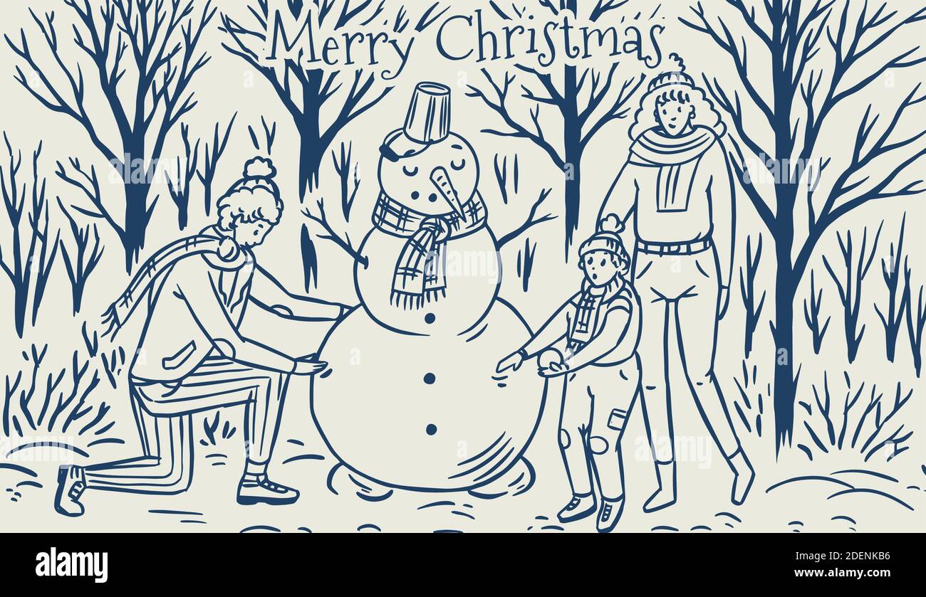 The family makes a snowman for Christmas. Mom Dad baby in the winter ...