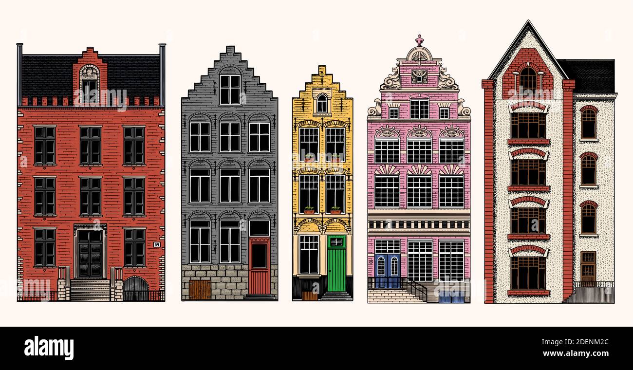 Amsterdam houses. Urban residential buildings. Scandinavian style. European city. Hand drawn ...
