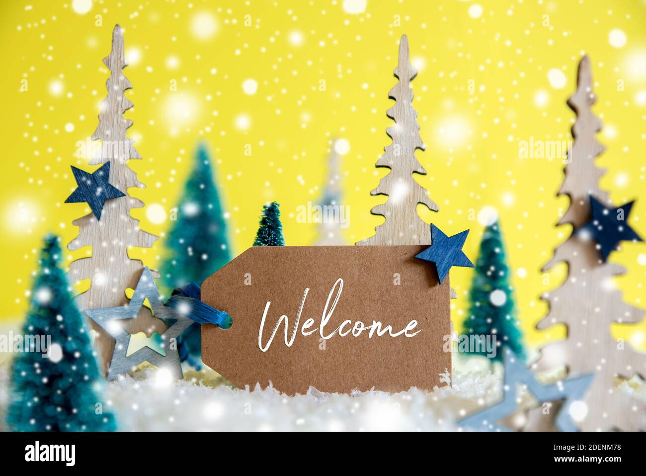 Christmas Trees, Snowflakes, Yellow Background, Label, Text Welcome ...