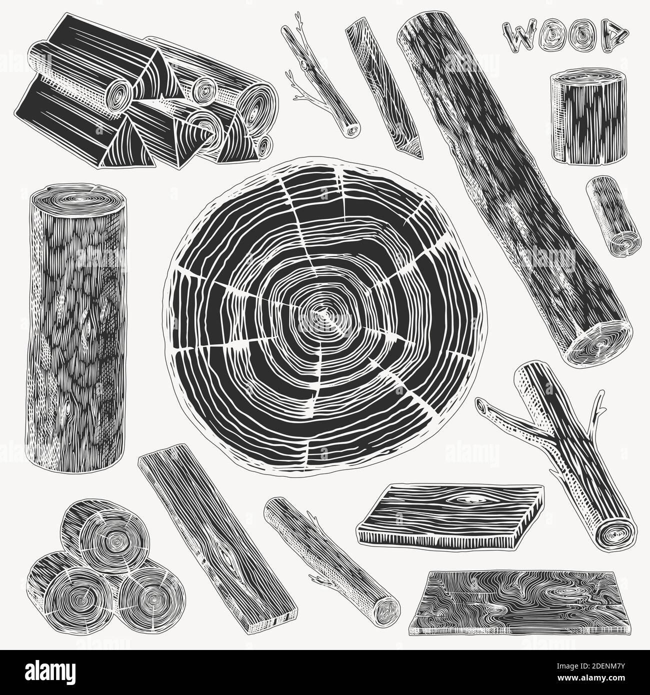 Wood set. Planks and logs, lumber and Cuts, Firewood in vintage style ...
