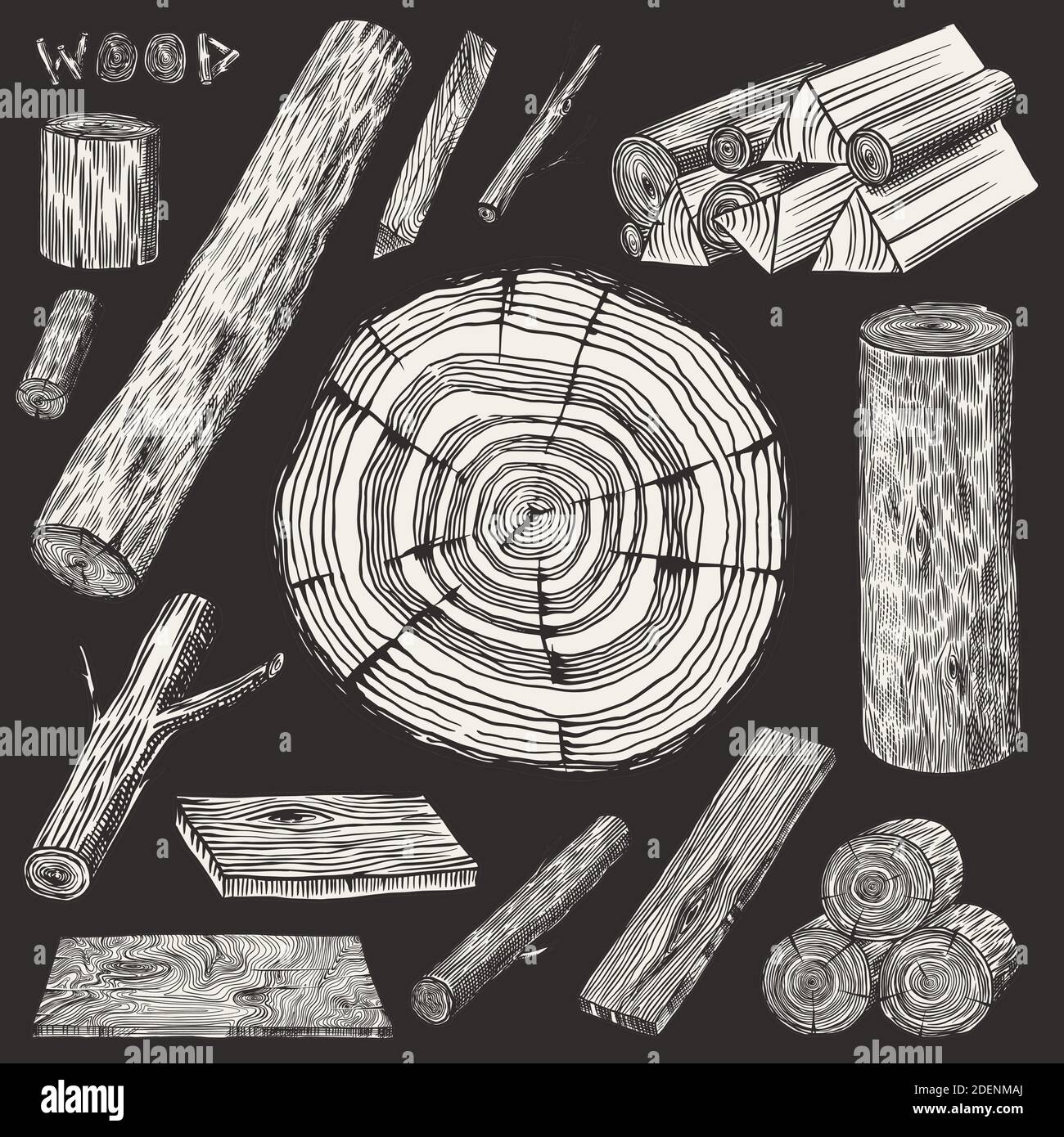 Wood set. Planks and logs, lumber and Cuts, Firewood in vintage style ...