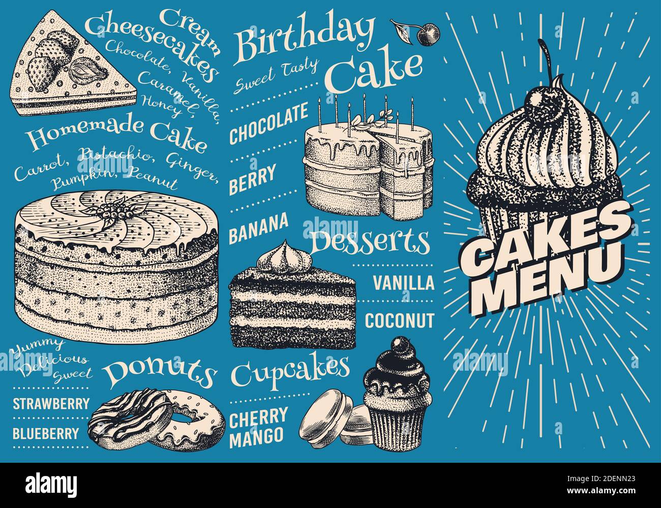 Cake menu. Hand drawn bakery product. Sweet Food on chalkboard. Vintage ...