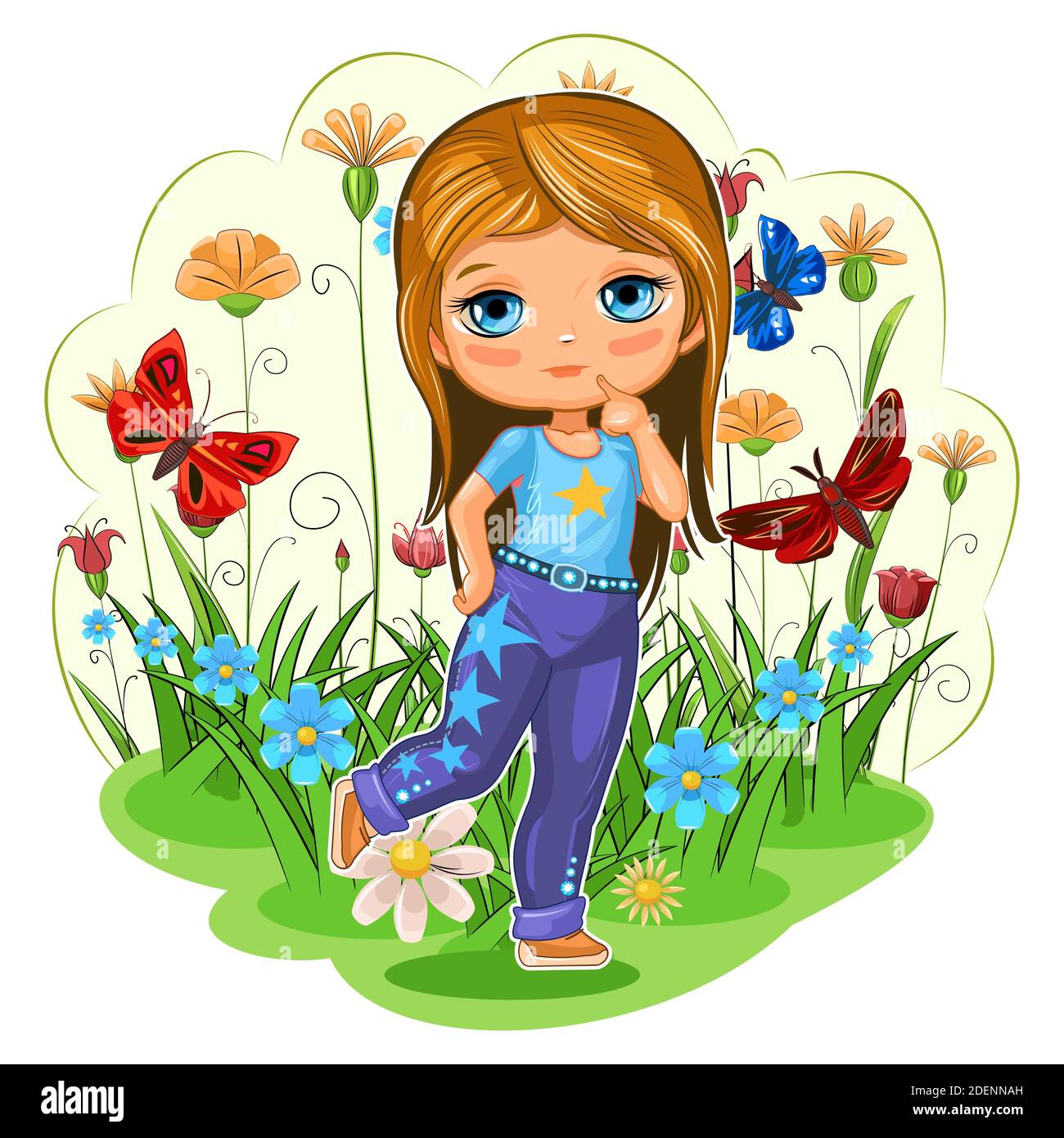 Cute little girl in jeans with stars. Cheerful funny child in a good ...