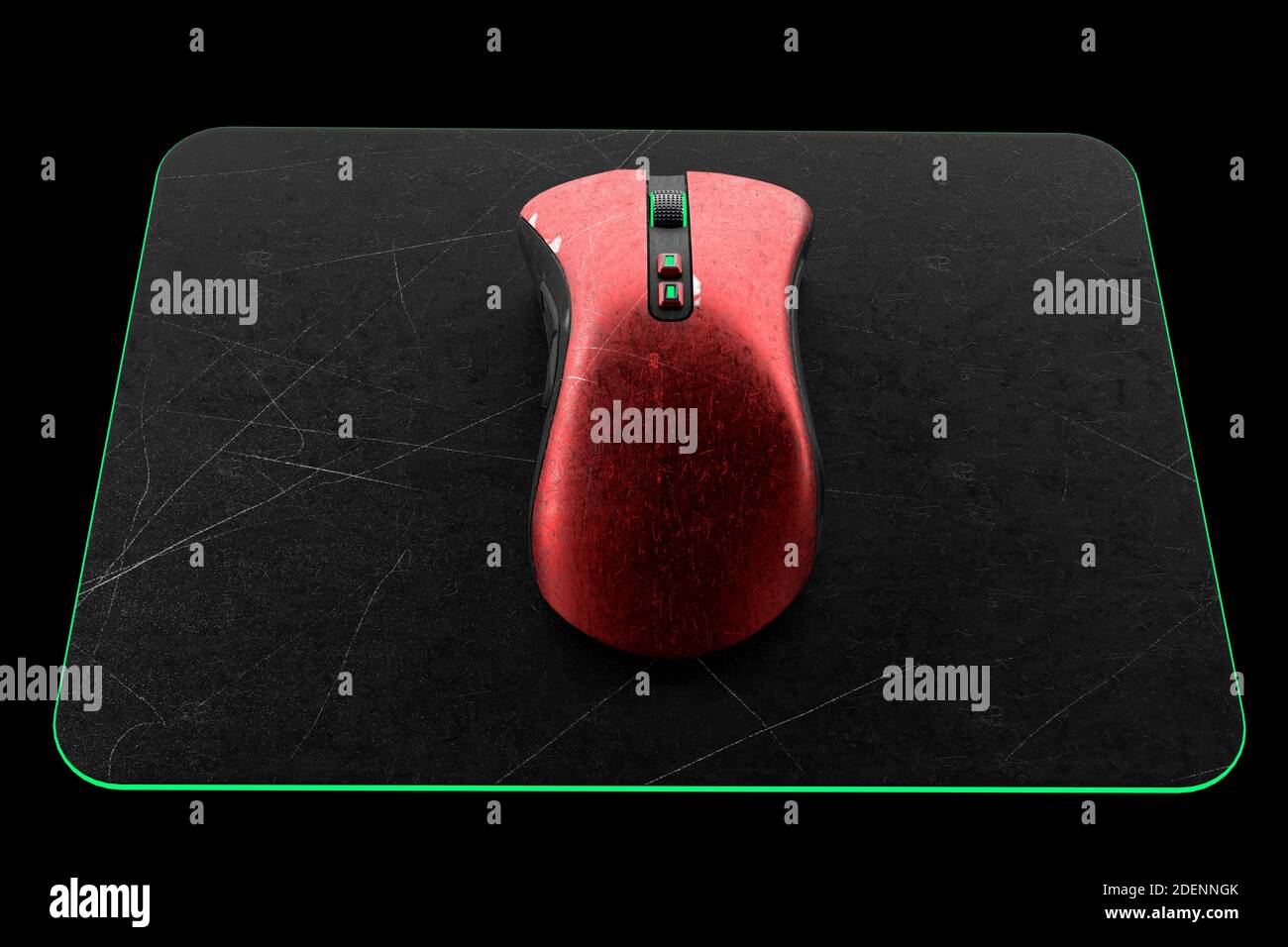 Used metal red gaming mouse with scratches on professional pad isolated ...