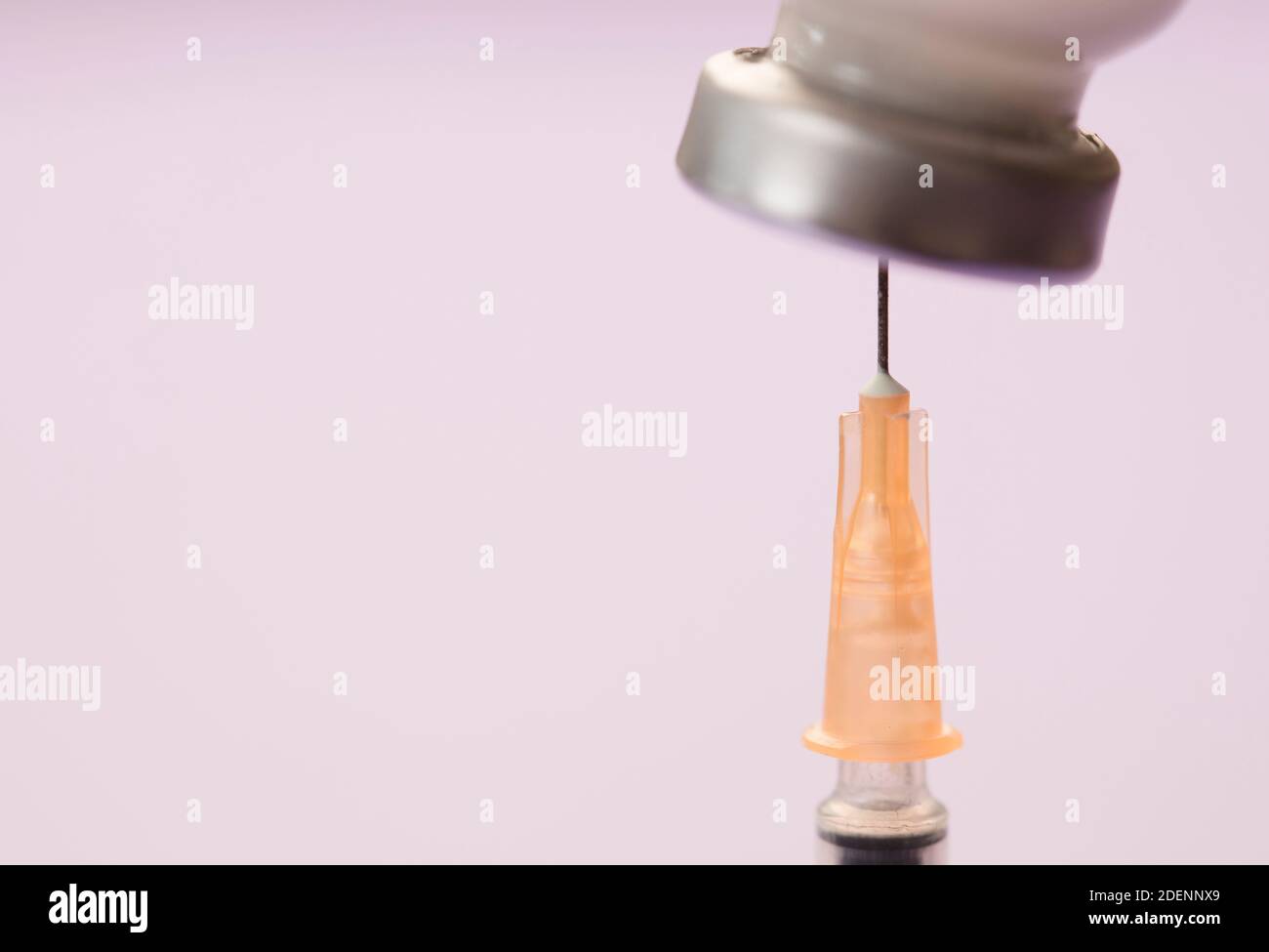 medical syringe cannula with vaccine vial, lilac background. macro ...