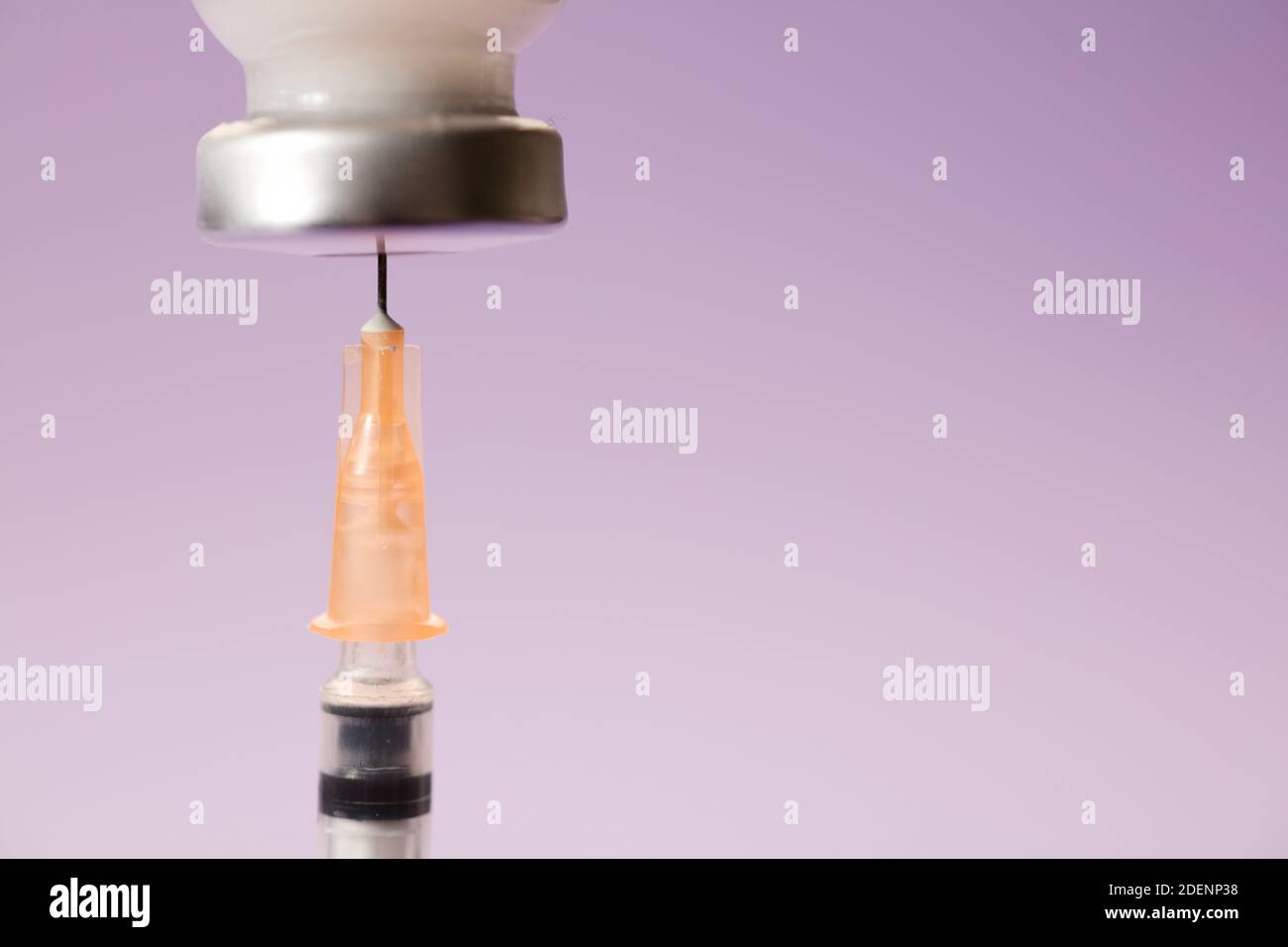 medical syringe cannula with vaccine vial, lilac background. macro ...
