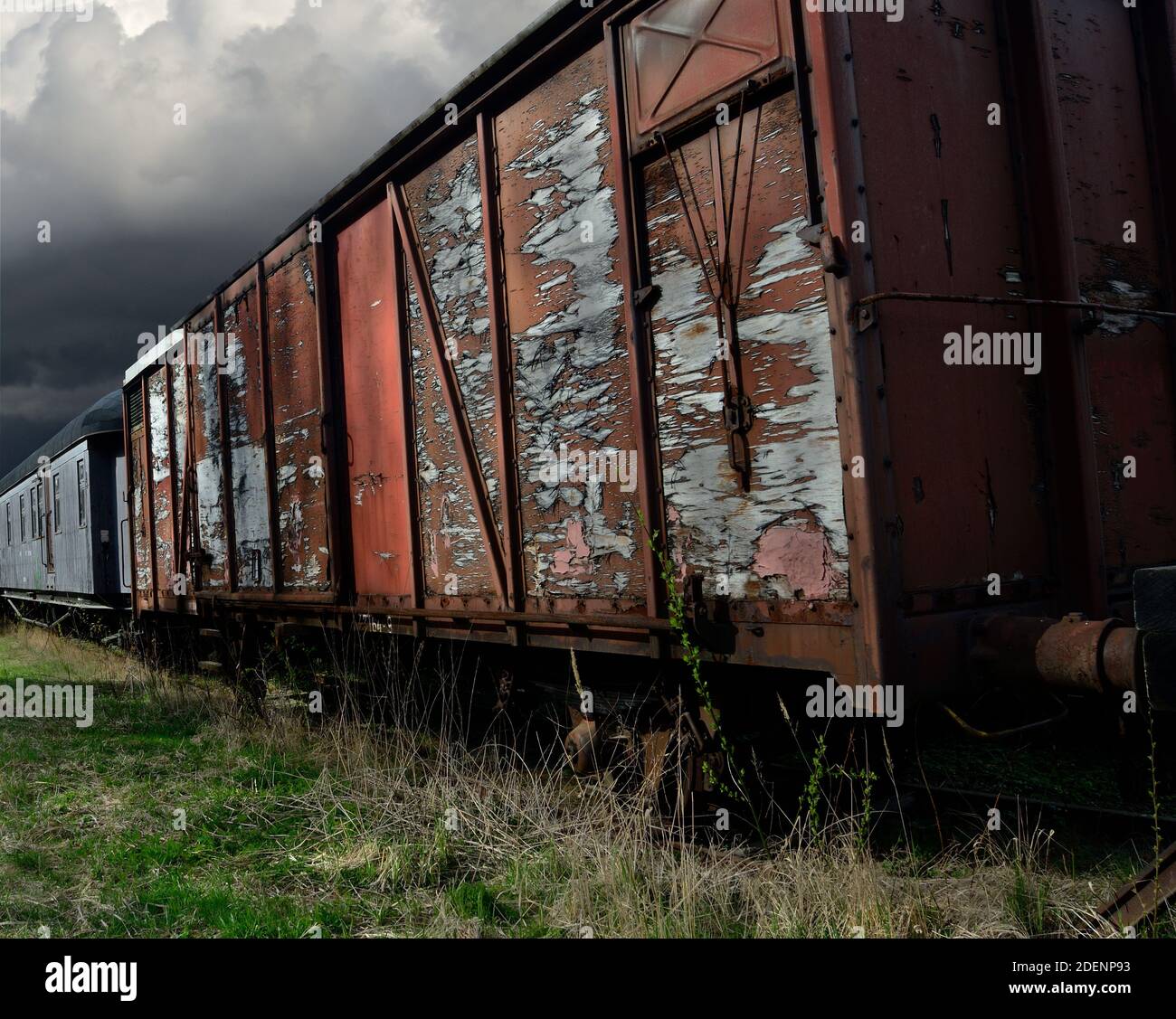 old shabby railroad cars in a dead end Stock Photo - Alamy
