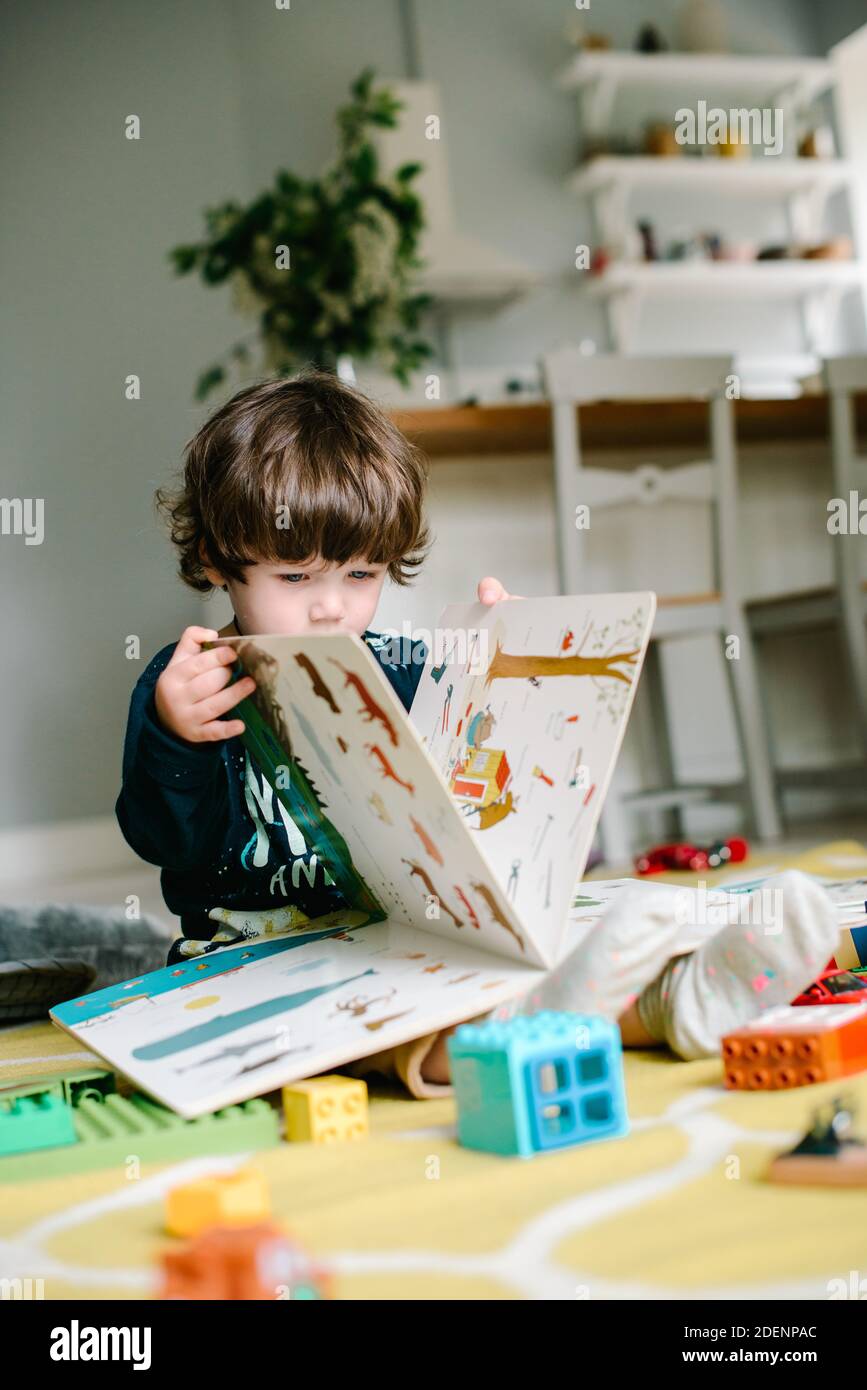 Young preschool boy reading book on the floor at home Stock Photo - Alamy