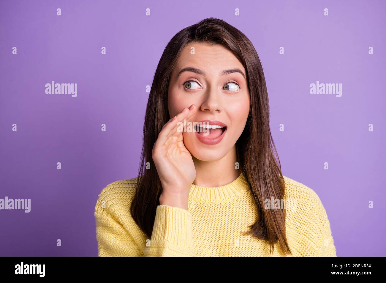 Photo portrait of pretty girl telling secret information gossiping ...