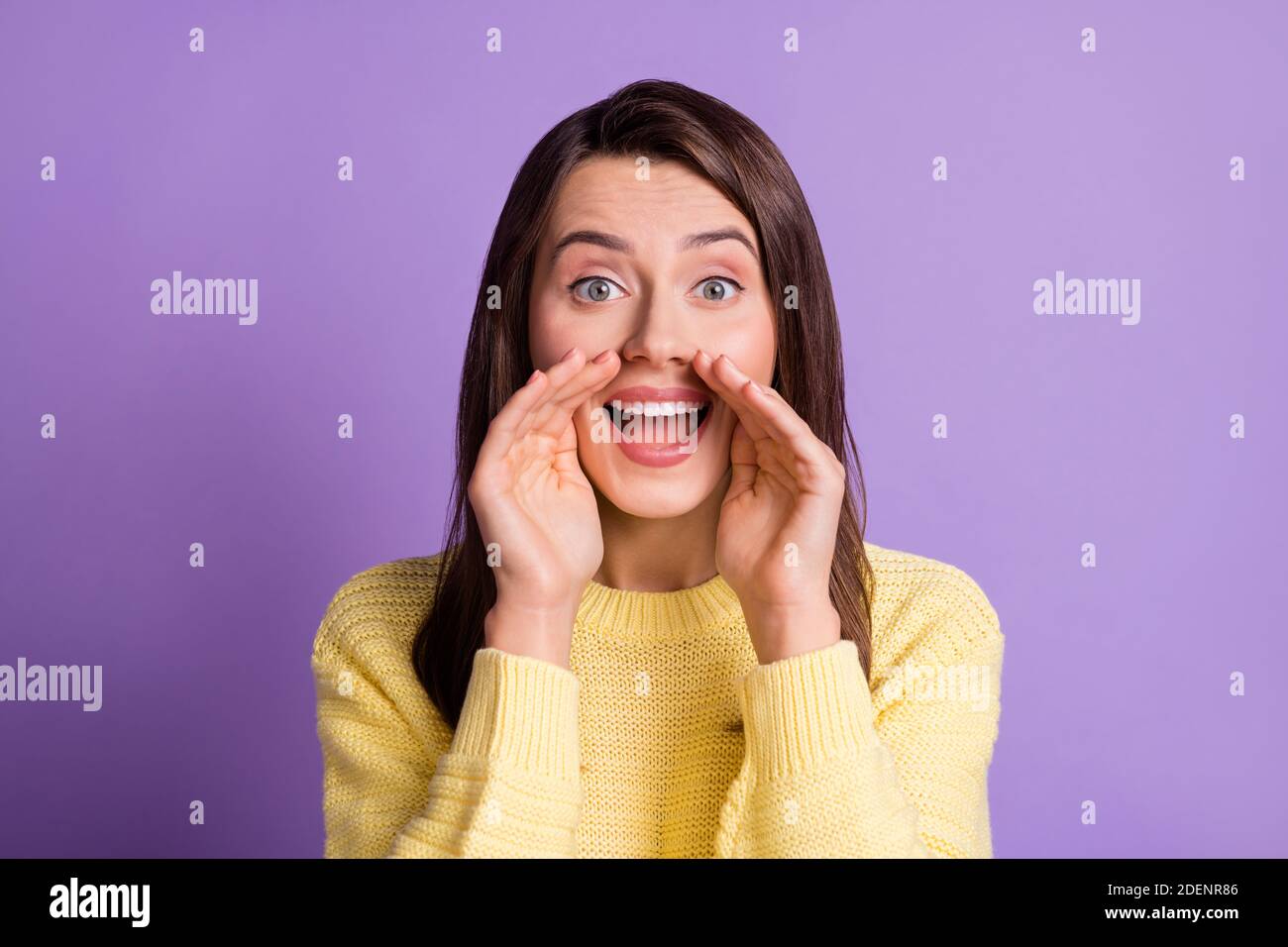 Photo portrait of pretty girl telling secret rumoring gossiping keeping ...