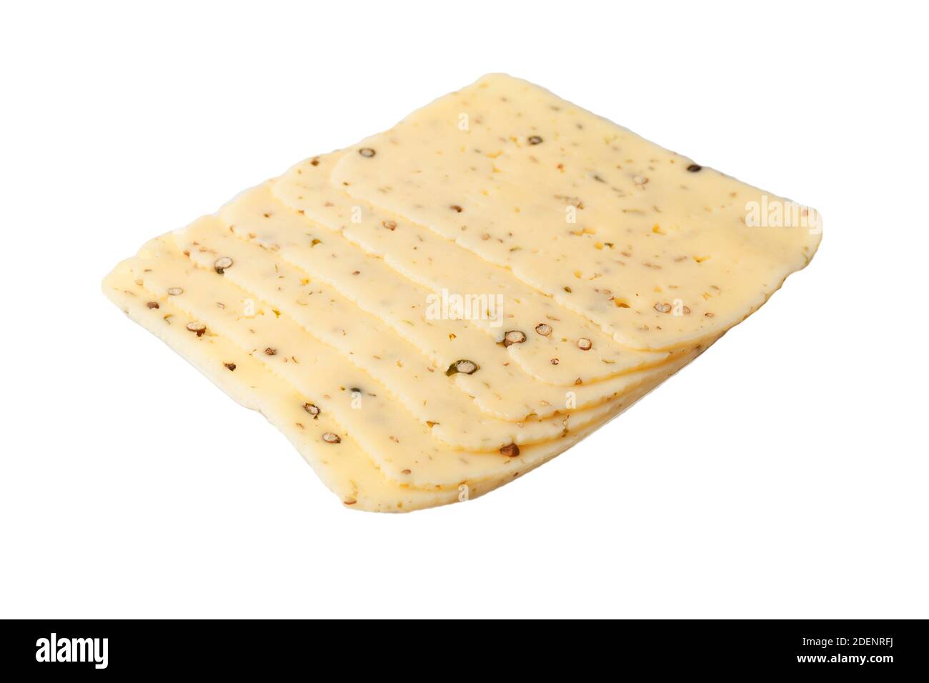 Slice of spiced cheese black pepper with peas isolated on a white ...