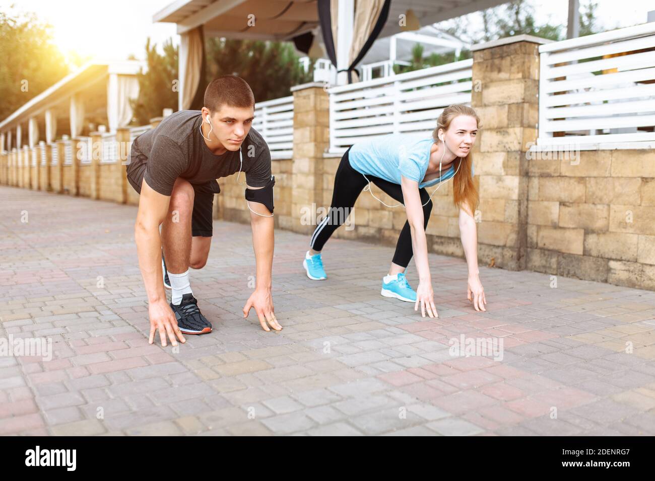 morning exercises for men and women, training before work Stock Photo ...