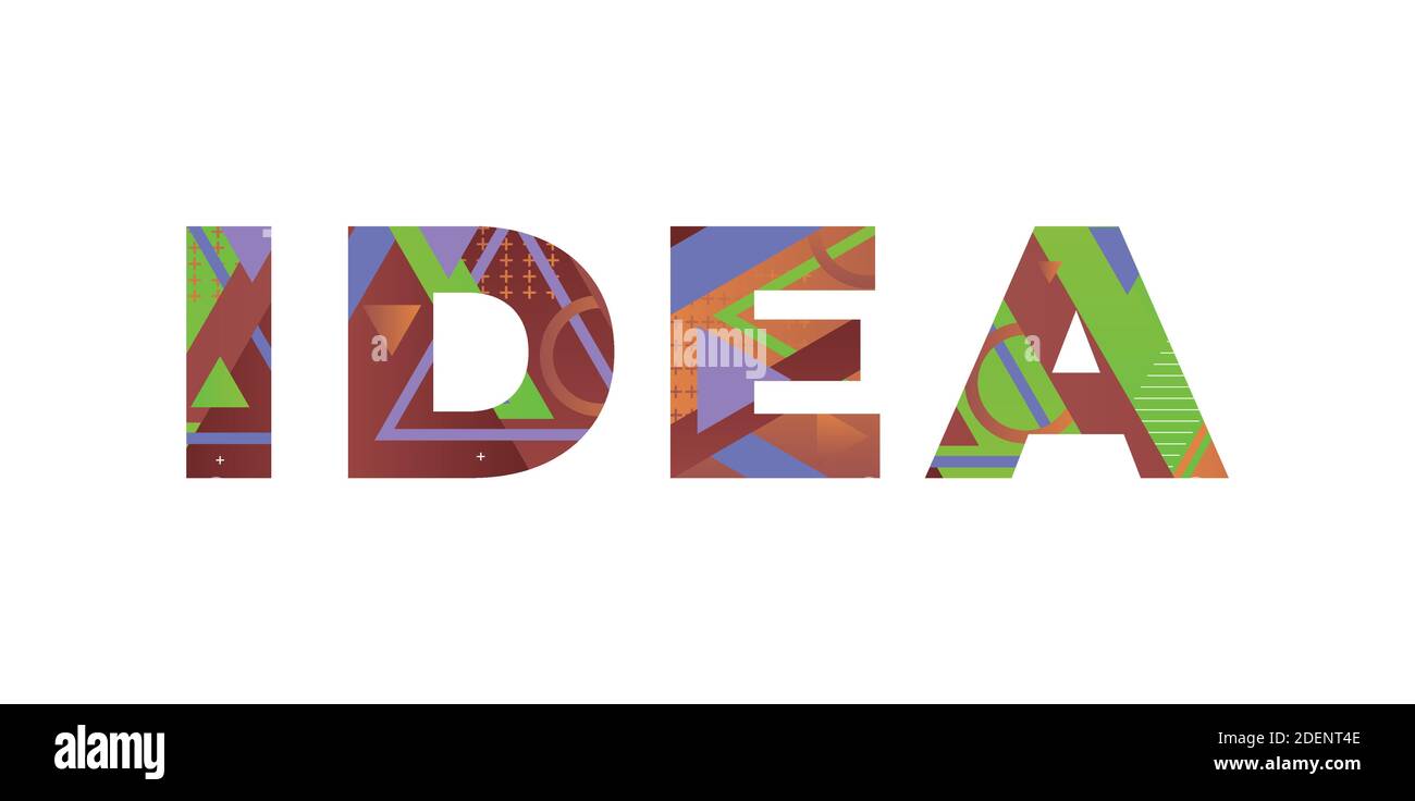The word IDEA concept written in colorful retro shapes and colors ...
