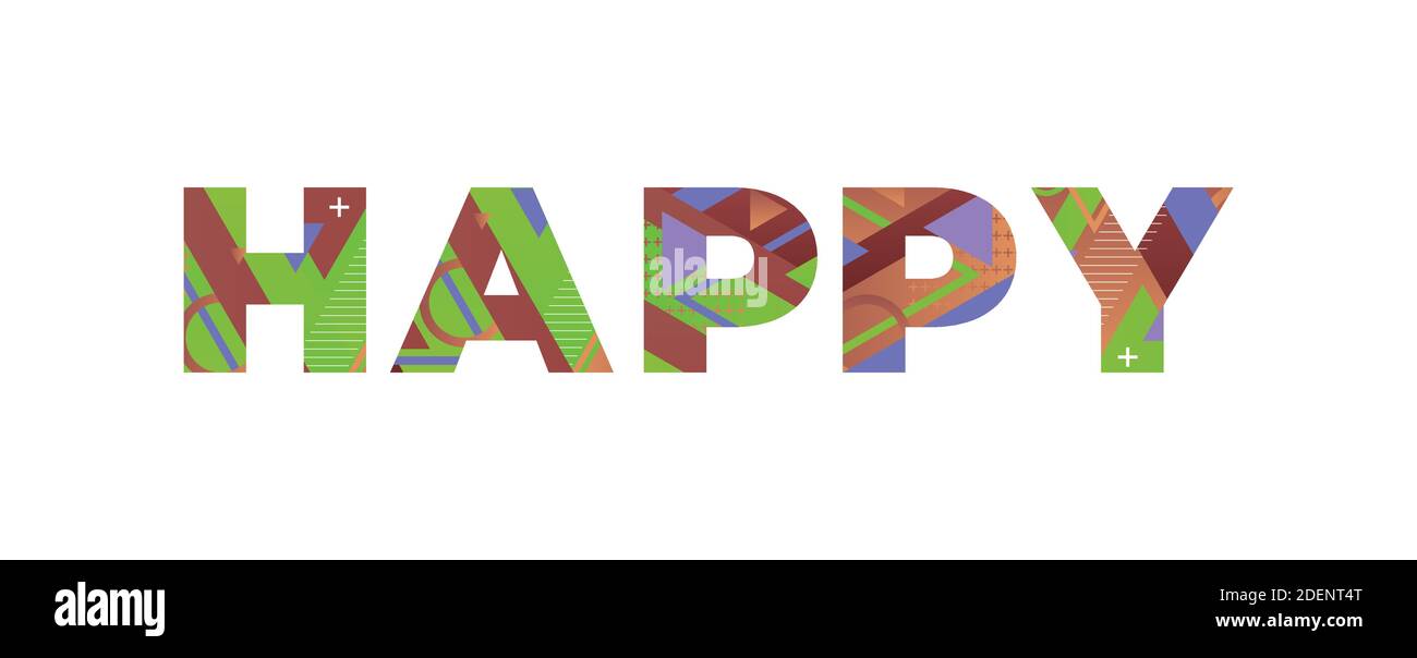 The word HAPPY concept written in colorful retro shapes and colors ...