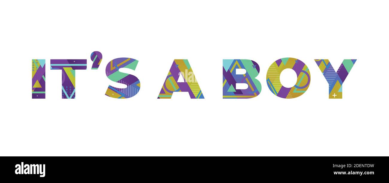The words IT'S A BOY concept written in colorful retro shapes and ...