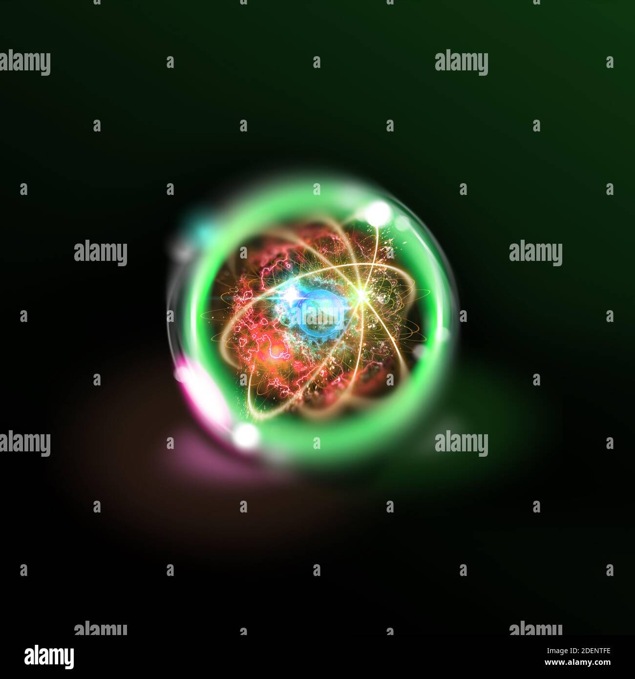 Close up of colorful atomic particle background science 3D illustration ...