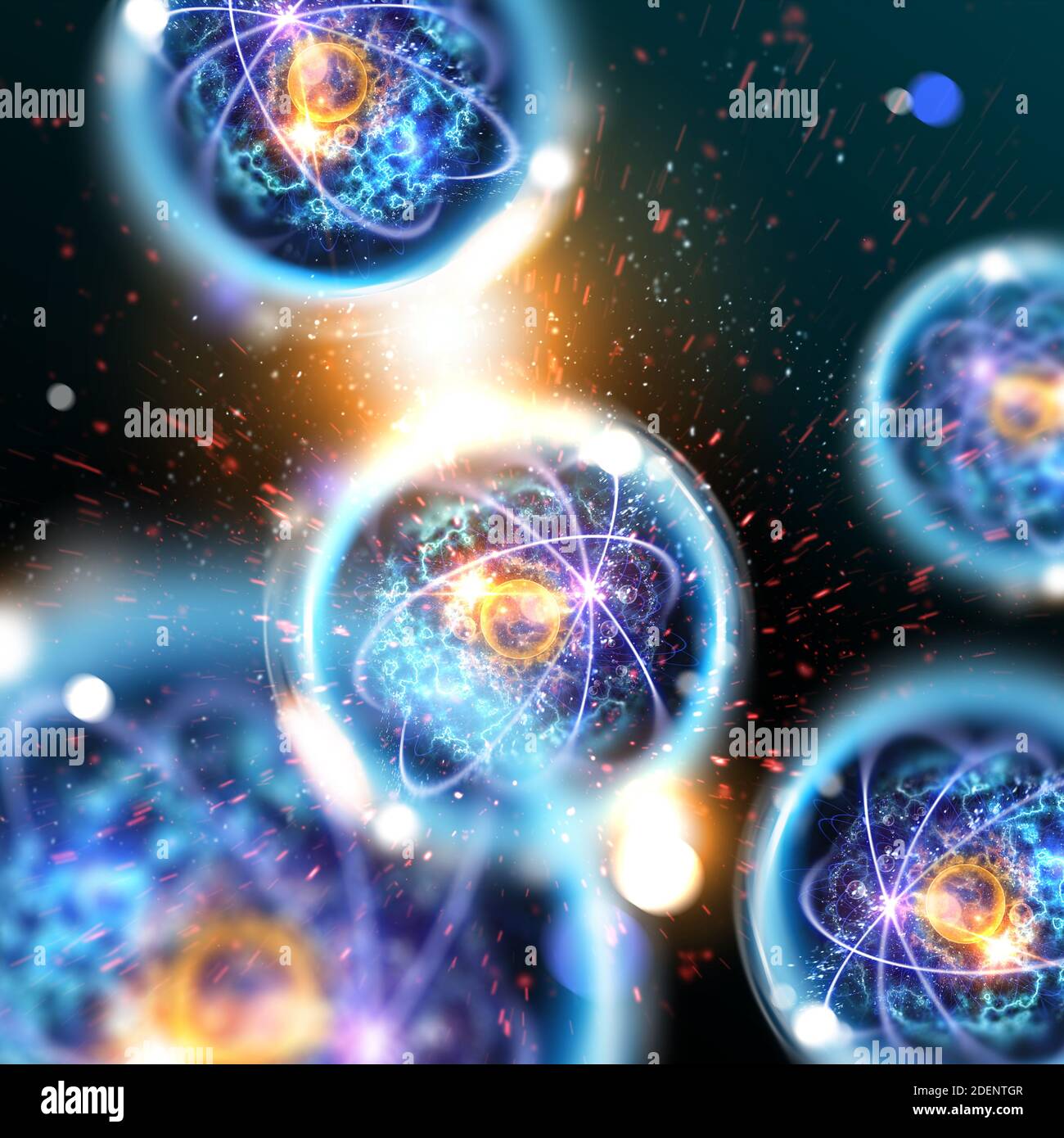 Close up of colorful atomic particle background science 3D illustration ...