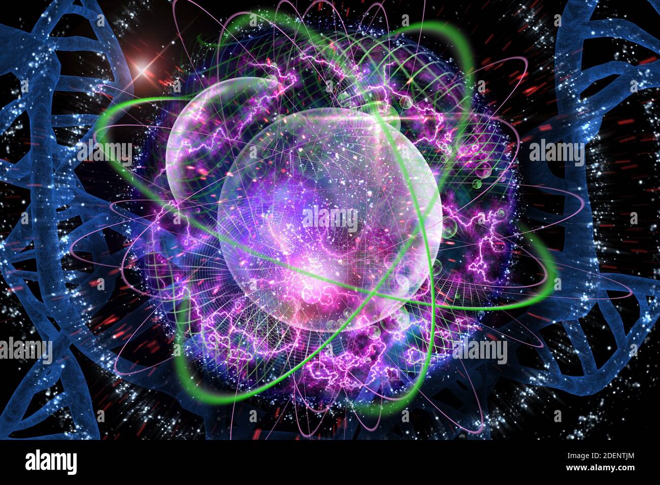 Close up of colorful atomic particle background science 3D illustration ...