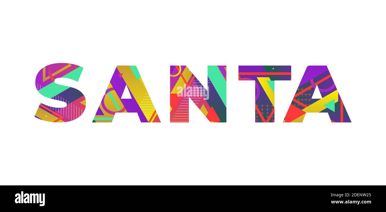 The word SANTA concept written in colorful retro shapes and colors ...