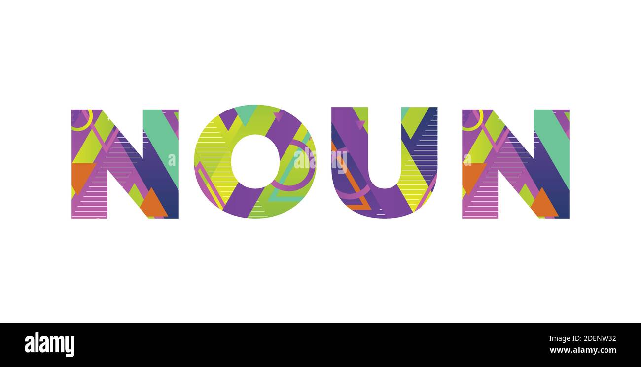 The word NOUN concept written in colorful retro shapes and colors ...