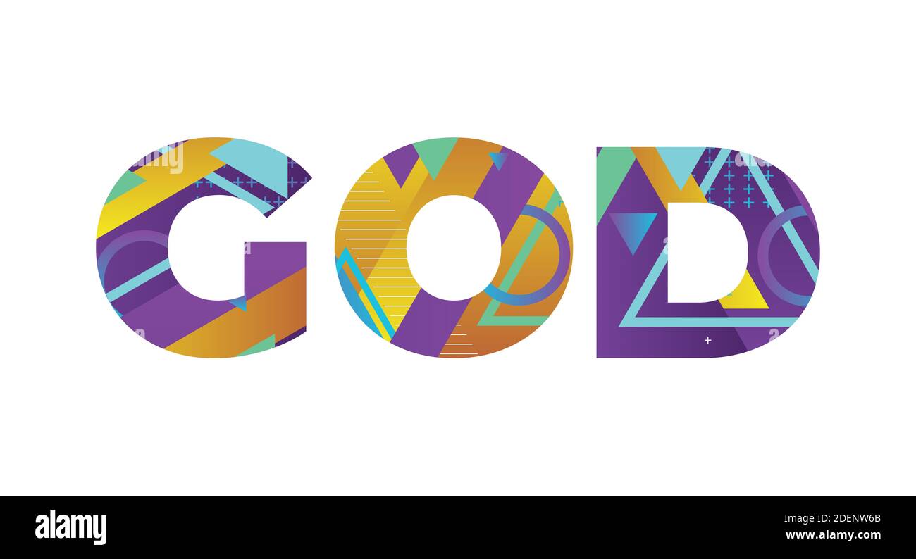 The word GOD concept written in colorful retro shapes and colors ...
