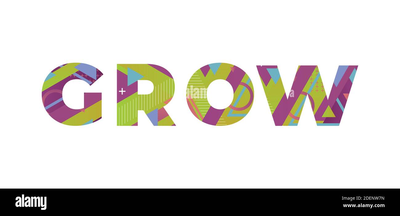 The word GROW concept written in colorful retro shapes and colors ...