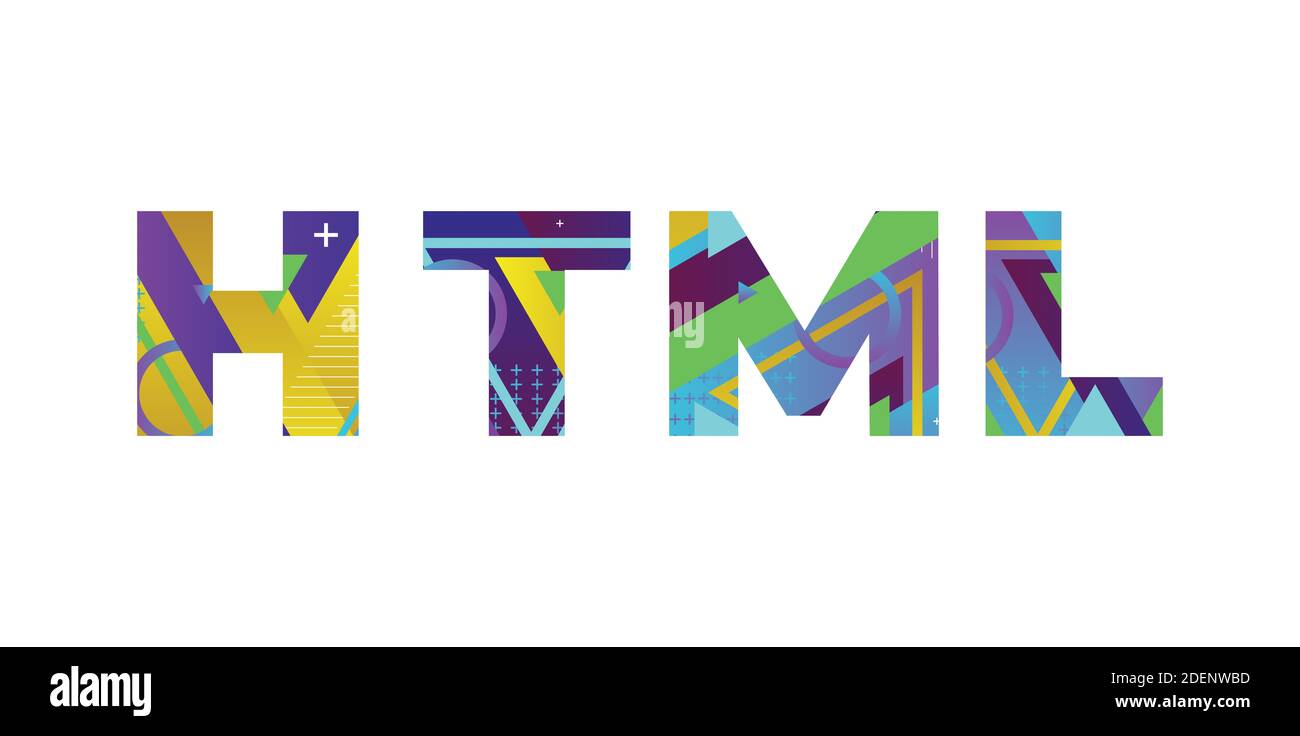 The word HTML concept written in colorful retro shapes and colors ...