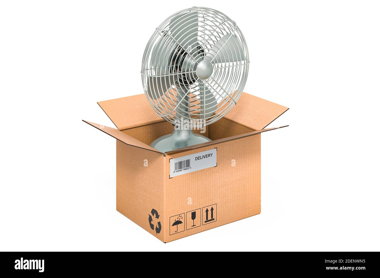 Metallic retro table fan inside cardboard box, delivery concept. 3D ...