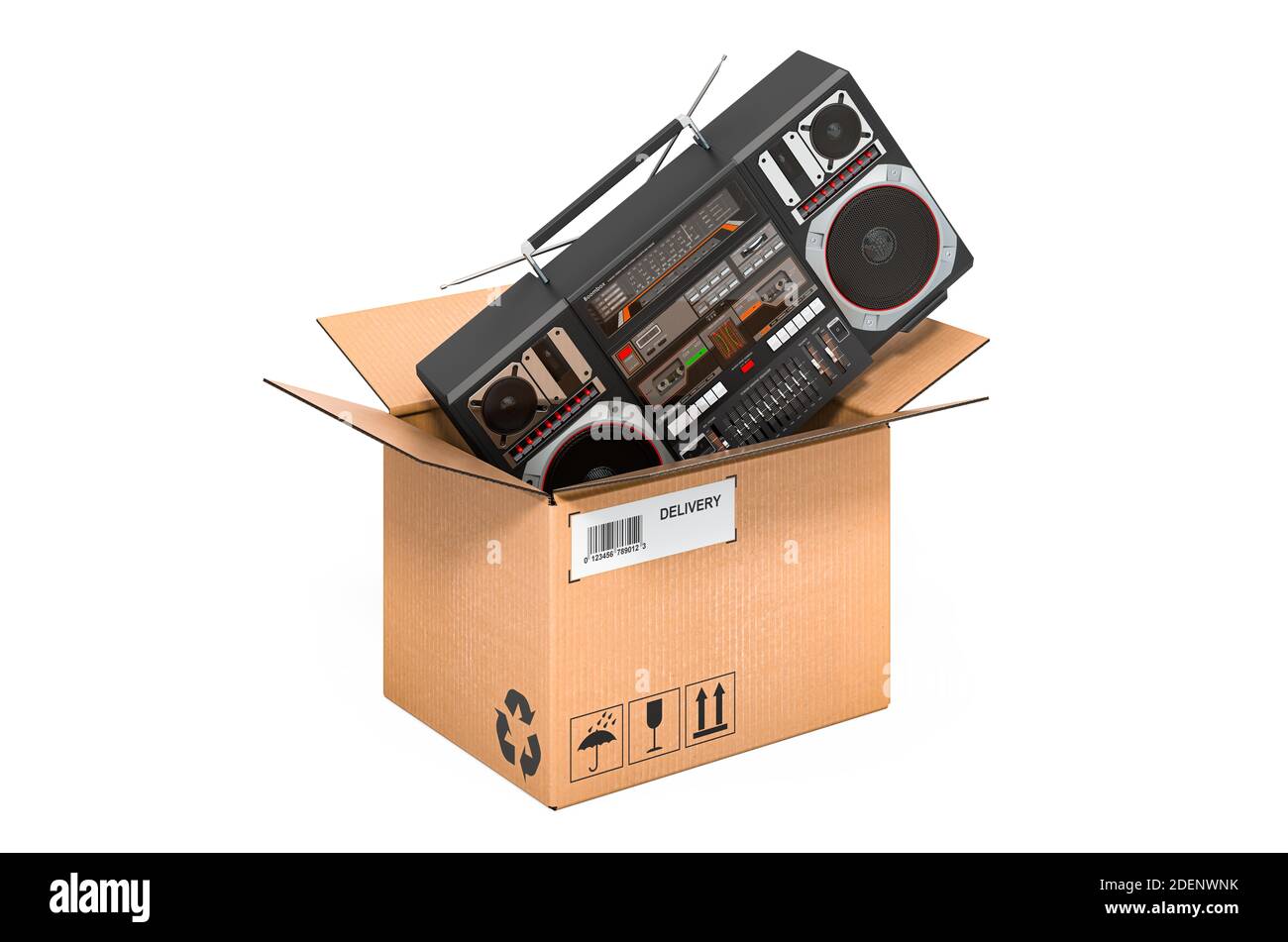 Boombox inside cardboard box, delivery concept. 3D rendering isolated ...