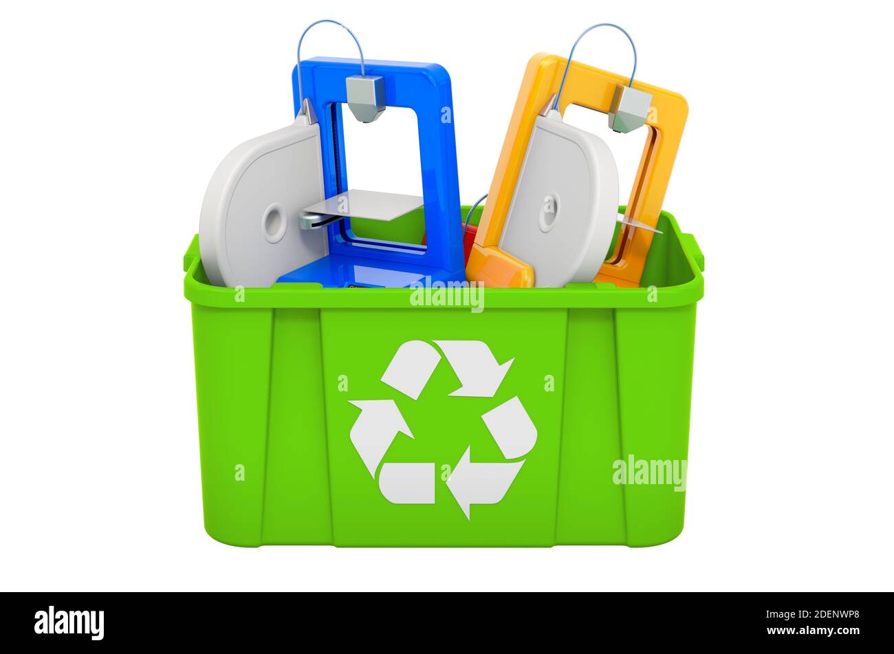 Recycling trashcan with 3D printer, 3D rendering isolated on white ...